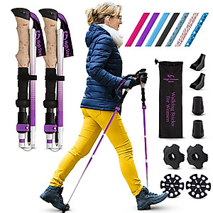 Walking Sticks for Women - 14.5" Foldable Hiking Poles for Backpacking, Exercising and Traveling, Set of 2 Aluminum Nordic Collapsible Trekking Poles (115-135cm, Purple)