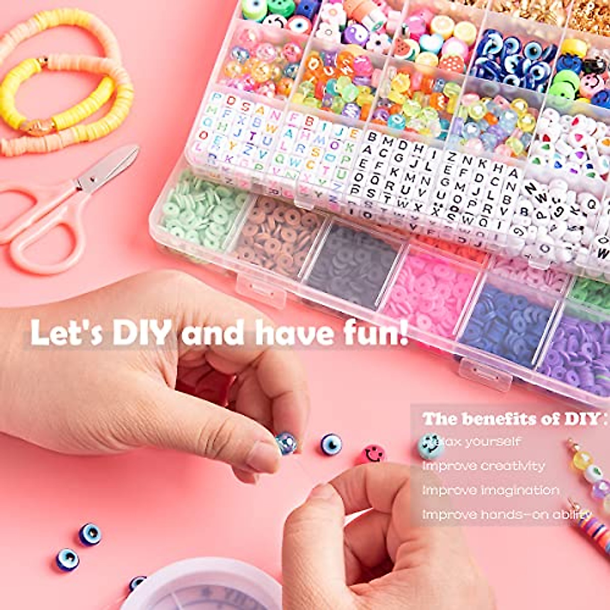 JOJANEAS Clay Heishi Beads Kit - 6800 Pcs DIY Flat Clay Beads for Bracelets Jewelry Making with String - Polymer Clay Beads with Letter Beads Fruit Flower Beads - Crafts for Girls Gift