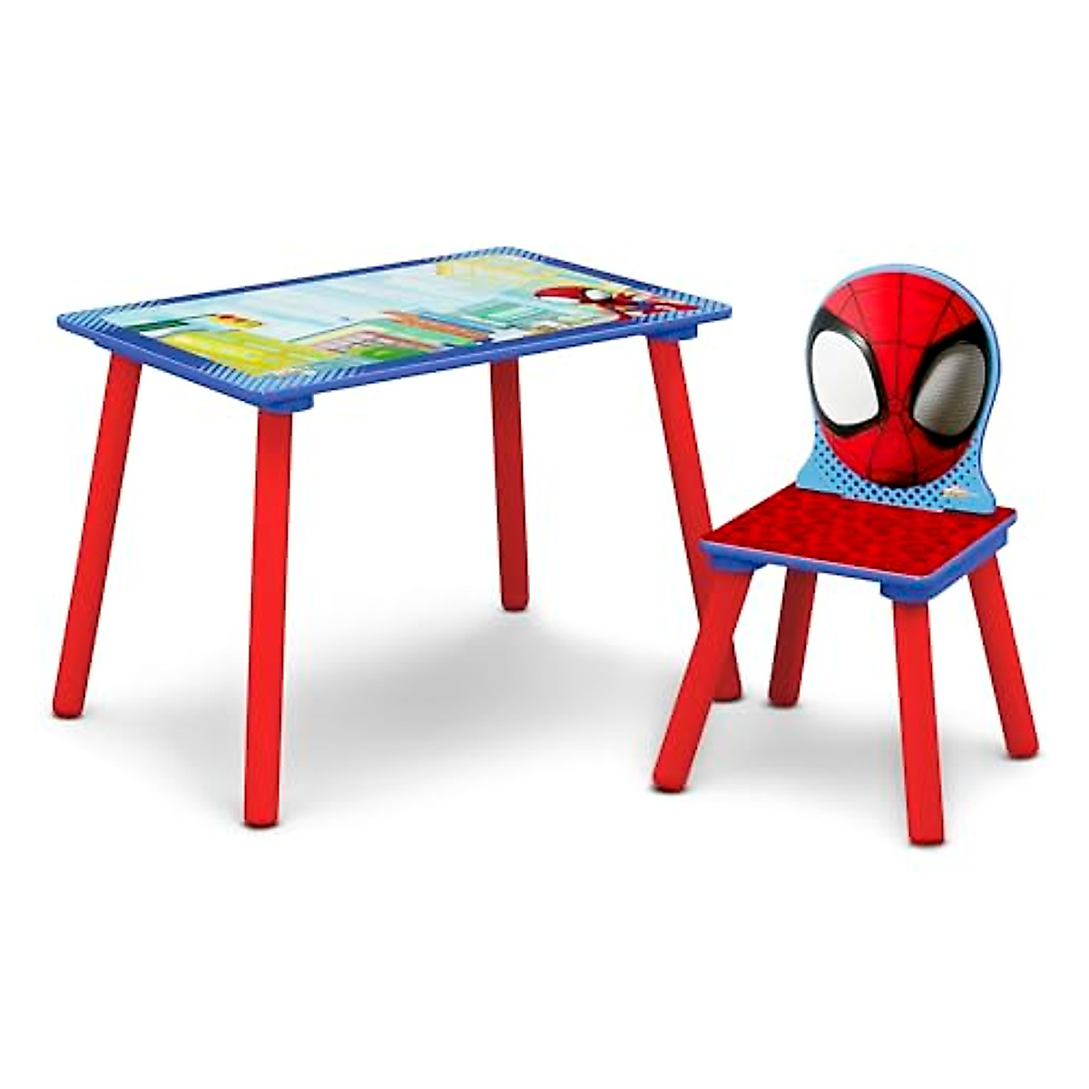 Delta Children - Marvel Spidey and His Amazing Friends 4-Piece Toddler Room-in-a-Box Set – Includes Sleep and Play Toddler Bed, Table, 1 Chair and Toy Box, Blue/Red