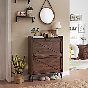 Barnyatoh Shoe Storage Cabinet,Farmhouse Shoe Organizer with 2 Flip Drawers & Barn Door Design,Freestanding Hidden Slim Narrow Shoe Rack Cabinet for Entryway,Foyer,Hallway,Walnut