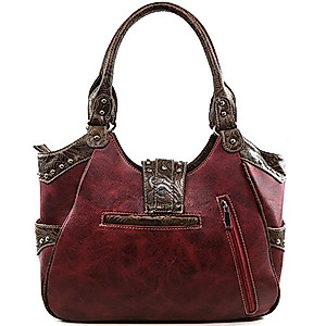 Justin West Tooled Laser Cut Leather Floral Embroidery Rhinestone Buckle Studded Shoulder Concealed Carry Tote Style Handbag Purse (Red Purse)