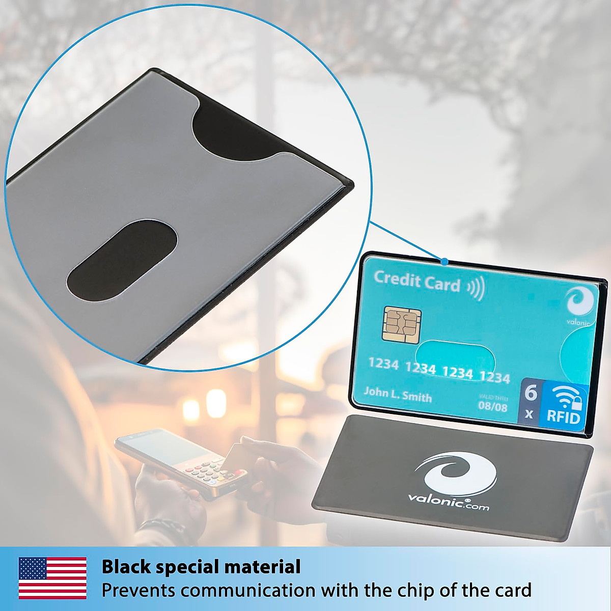 valonic Set of 6 RFID Blocking Sleeves - Transparent Front, Credit Card Protector Sleeve for Wallet - Protection Block for Debit Card, Passport and Metro Card