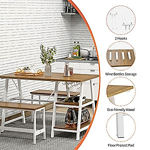 SogesPower 3-Piece Dining Table Set, Breakfast Table with 2 Benches, 4-Person Space-Saving Table Set for Kitchen Dining Room Living Room Restaurant, 47" Oak