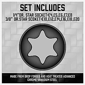 SEDY 11-Piece E-Torx Socket Set - Star Socket Set with Socket Rail, External Torx Socket with Socket Organizer, External Torx Socket Set, E4 E5 E6 E7 E8 E10 E12 E14 E16 E18 E20 Reverse Torx Socket Set