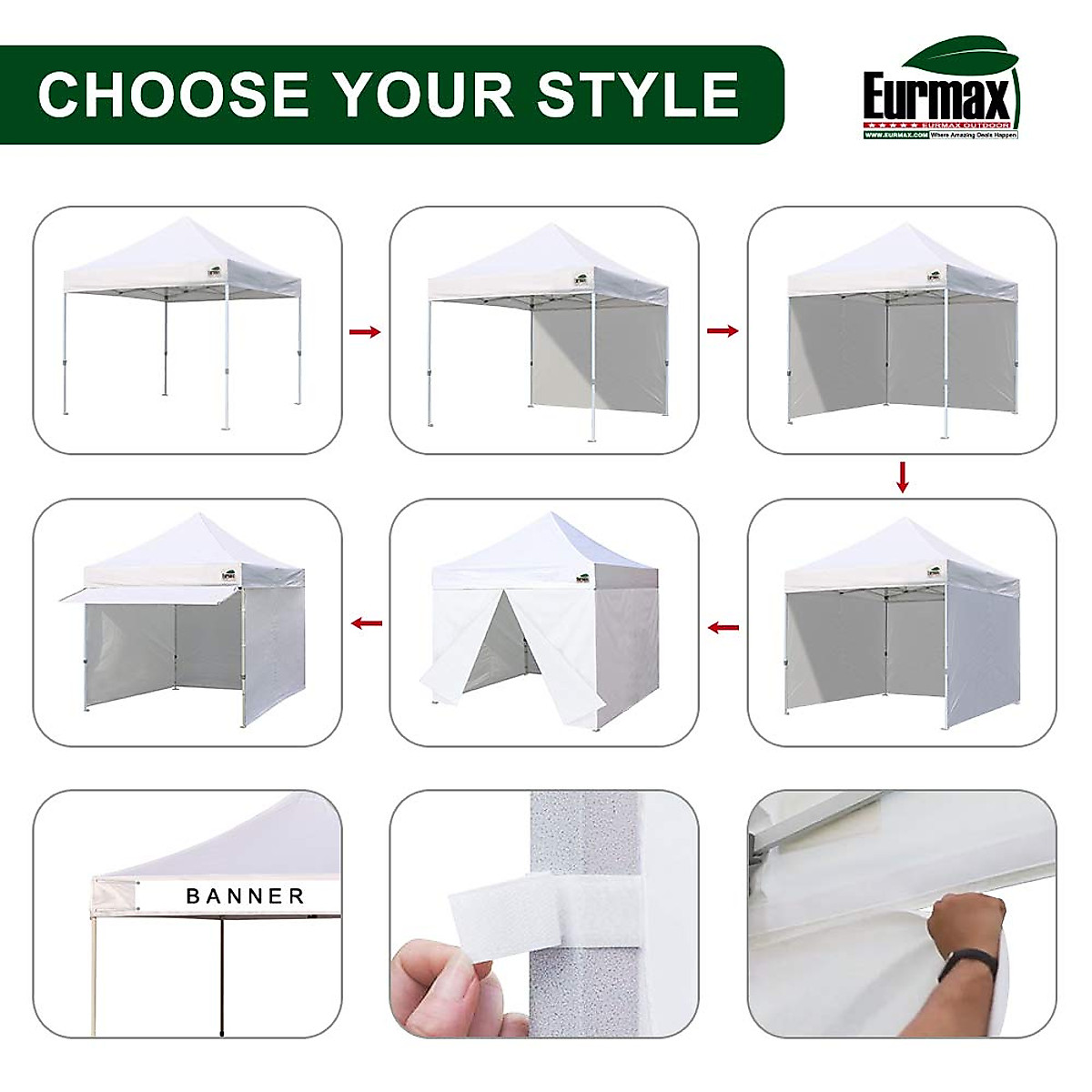 Eurmax USA 10 x 10 Pop up Canopy Pergolas Tent Outdoor Party Canopies with 4 Removable Zippered Sidewalls and Roller Bag Bonus 4 Canopy Sand Bags & 24 Squre Ft Extended Awning(Blue)