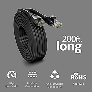 MAXLIN CABLE Cat6 Ethernet Cable for Gaming Black 200ft LAN Network Patch Cord Wire - High Speed Internet Cable, RJ45, 24AWG, 500MHz Connectors for Router Modem, Compatible with PS3 PS4 PS5