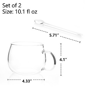Tortoise IT Glass Clear Crystal Drinks Tumbler Tea Mug Coffee Cup for Espresso Scented Tea Lover Gifts with Glass Stirring Bar, 10.1 Oz (300ml) Set of 2