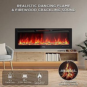 TURBRO 50” Smart WiFi Infrared Electric Fireplace with Sound Crackling and Realistic Flame, 1500W Quartz Heater, Recessed or Wall Mounted, Adjustable Flame Effects, Remote Control and App, in Flames