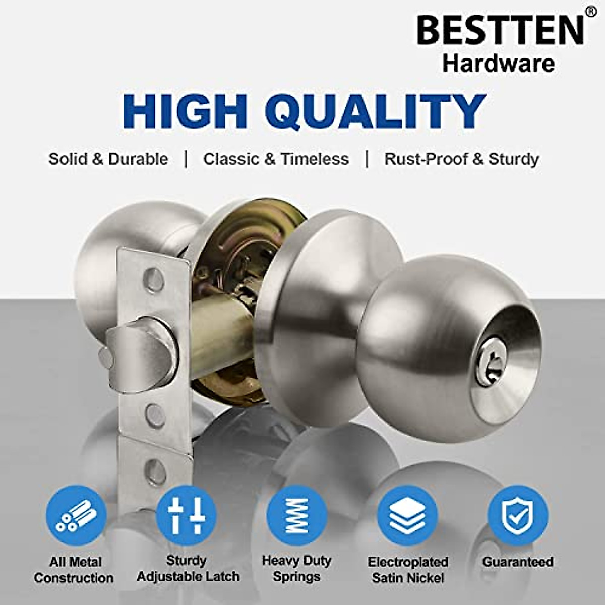 BESTTEN [2 Pack] Entry Door Knob with Lock, Keyed Different Door Lock for Exterior Door and Front Door, Standard Ball, Satin Nickel, Adjustable Latch