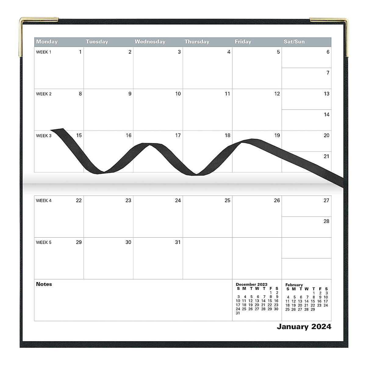 Letts of London Classic Monthly Planner, 13 Months, January 2024 to January 2025, Month-to-View, Horizontal, Gold Corners, Slim Size, 6.625" x 3.25", Black (C12SBK-24)