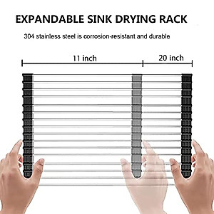 Chixapopimo Roll up Dish Drying Rack Retractable 11" to 20" x 13'' Foldable Rolling Dish Drainer Over The Sink Drying Rack SUS304 Stainless Steel Sink Rack for Kitchen Counter of Various Sizes