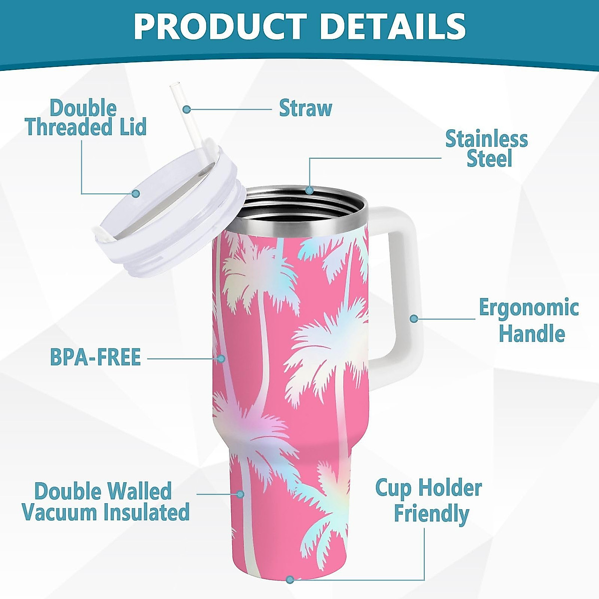 DIGTIA Stainless Steel Insulated Tumbler w/Handle & Straw, Palm Trees Pink Double Wall Vacuum Travel Coffee Mug Cup w/Lid, Leak-Proof Sports Tropical Water Bottle,30oz