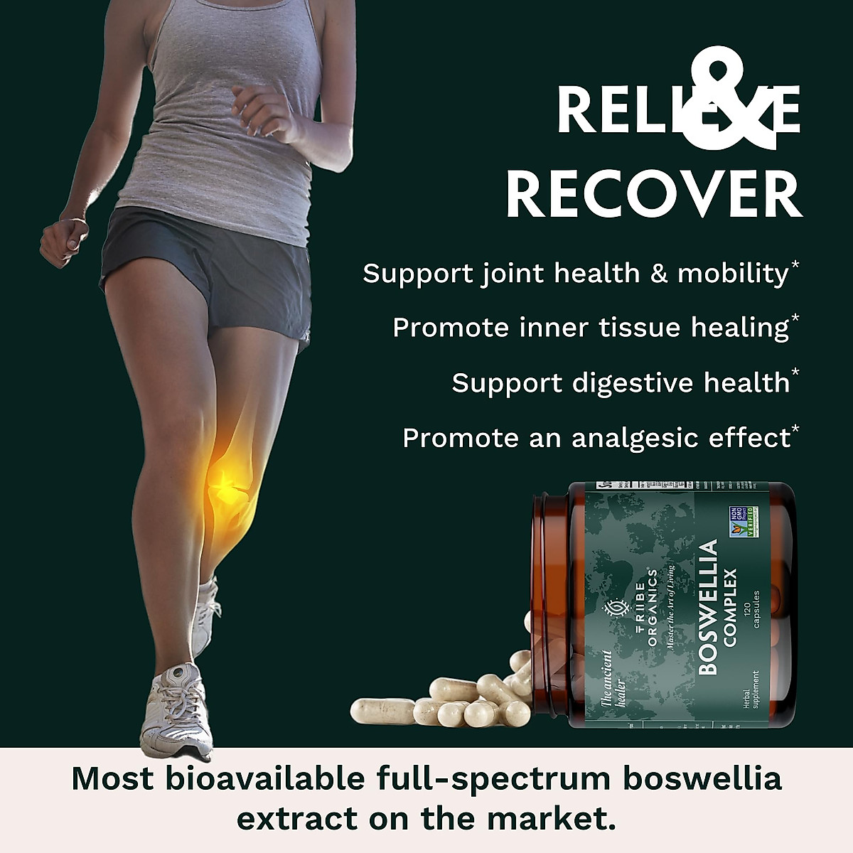 TRIBE ORGANICS Boswellia Serrata Complex Supplement for Joint Support, Muscle Relief - Vegetarian Non-GMO 120 Capsules, High Potency - Boswellin Super with Ginger Extract & Black Pepper - 420mg