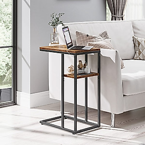 CubiCubi Side Table with Charging Station, C Shaped End Table with USB Ports and Outlets, Couch Table for Living Room, Bedroom, Couch, Sofa and Bed, Brown