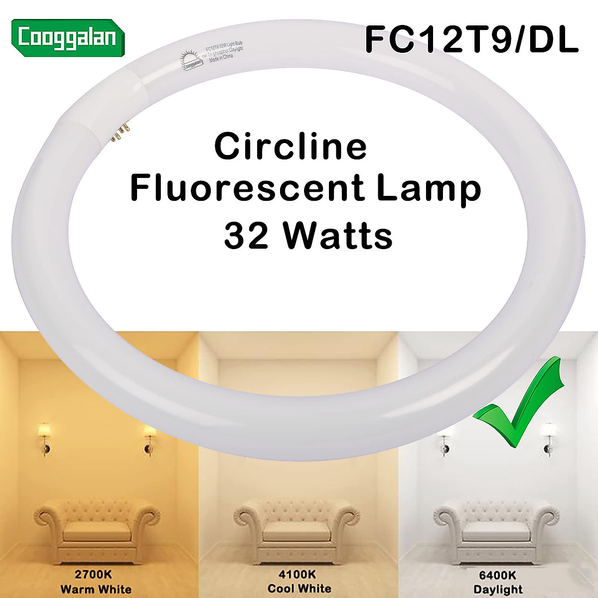 COOGGALAN FC12T9/DX 32W 12 inch T9 Circular Light Bulb Daylight, Round Fluorescent Circline Bulbs FC12 T9 32 Watts Kitchen and Bath, G10q 4 Pin Prong, 6500K, 2 Pack