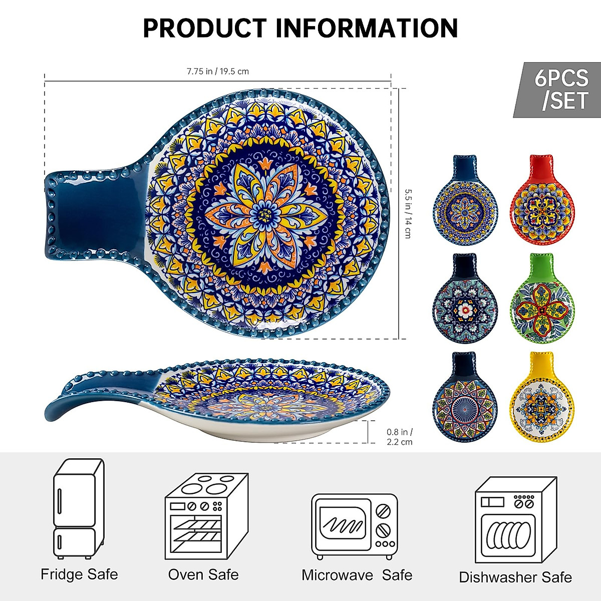 Ceramic Spoon Rest for Stove Top, Large Spoon Holder for Kitchen Counter, Cooking Utensil Rest for Ladle, Spatula, Tongs, Housewarming Gifts Set of 6 - Bohemian Style