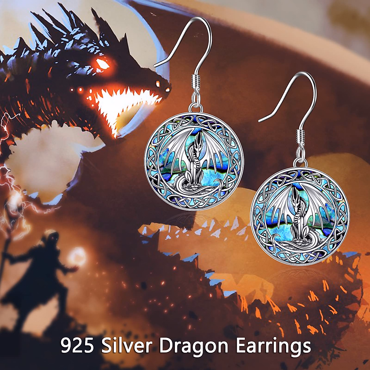Dragon Earrings Gifts for Mom Her Women Sterling Silver Abalone Shell Irish Celtic Knot Dragon Dangle Earrings Jewelry