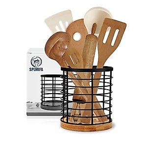 SPLMIFA Kitchen Utensil Holder Large Utensil Holder with Wooden Base and Matte Black Metal holder，Storage Solutions for Kitchen/Small Items Storage