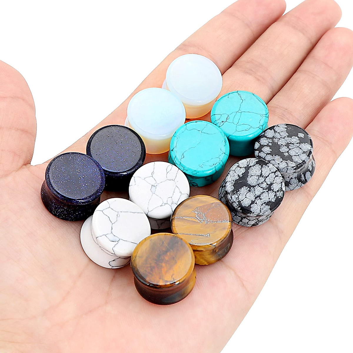 Qmcandy 6 Pairs Natural Stone Ear Plugs Saddle Plugs Ear Gauges Double Flare Expander Piercing Gauge 13/16 inch