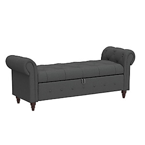 HANLIVES 63" End of Bed Bench,Button Tufted Storage Bench for Bedroom,Rolled Armed Linen Fabric Upholstered Window Bench Seat,Ottoman Bench with Solid Wood Legs for Entryway Living Room(Dark Grey)