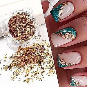 2 Bottles in Different Styles Gold Foil for Nails Golden Glitter Design Gold Foil Fragments and Irregular Gold Flakes for Nails 3D Glitter Nail Sequins Decoration