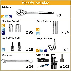 WEIZE 270-Piece Mechanics Tool Set with Case, 1/4", 3/8",1/2" Drive, SAE and Metric, Socket Set, Ratchets, Wrenches,Extension Bar, Hex Keys and Screwdriver Bits
