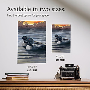 Lantern Press 8x12 Inch Art Print Wall Decor, Loons and Lake at Sunset