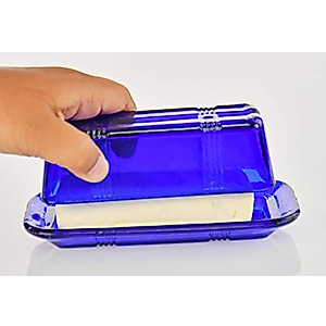 Home-X Glass Butter Dish with Lid - Vintage Style Butter Keeper for Countertop, Retro Butter Container with Cover, Dishwasher Safe Butter Holder, 6 3/4" L x 3 1/4" W x 2 1/2" H, Blue