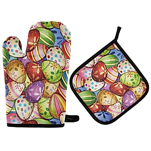 Happy Happy Easter Day Colorful Eggs Oven Mitts and Pot Holders Sets Spring Rabbit Oven Gloves Hot Pads Insulated Washable for Cooking Baking BBQ Decorative Kitchen Gift