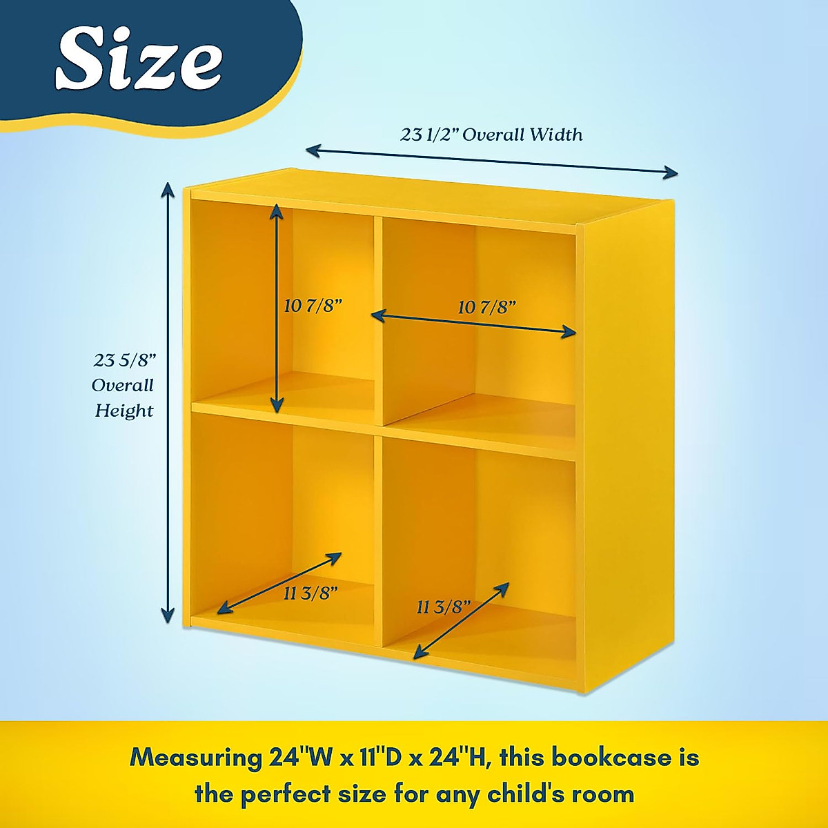Kings Brand Furniture George Bookcase Cubby Storage Organizer - Square Shelves Cube Storage - 4 Cube Storage Organizer - Cube Organizer Wood Shelf for Bedroom - Nursery - School - Yellow Finish