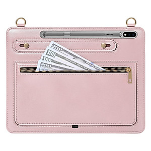 Back Cover Case for Samsung Galaxy Tab S9 FE/S9/S8/S7 [Pen Holder], Techcircle Slim Fit Vegan Leather Protective Soft TPU Shell Wallet Case with Hand Strap & Removable Shoulder Strap, Light Pink