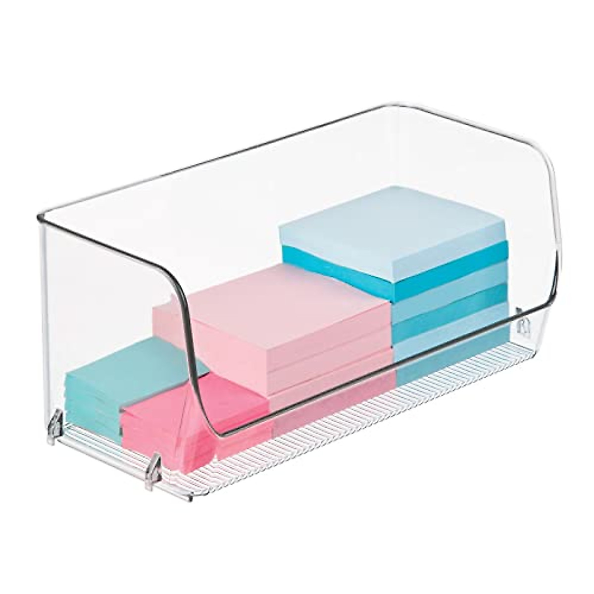 mDesign Small Plastic Stackable Office Storage Organizer with Open Front - Perfect Drawer and Desk Bin - Pen, Marker, Pencil, Paper, and Stationary Holder - 7" Wide - Ligne Collection - 3 Pack - Clear