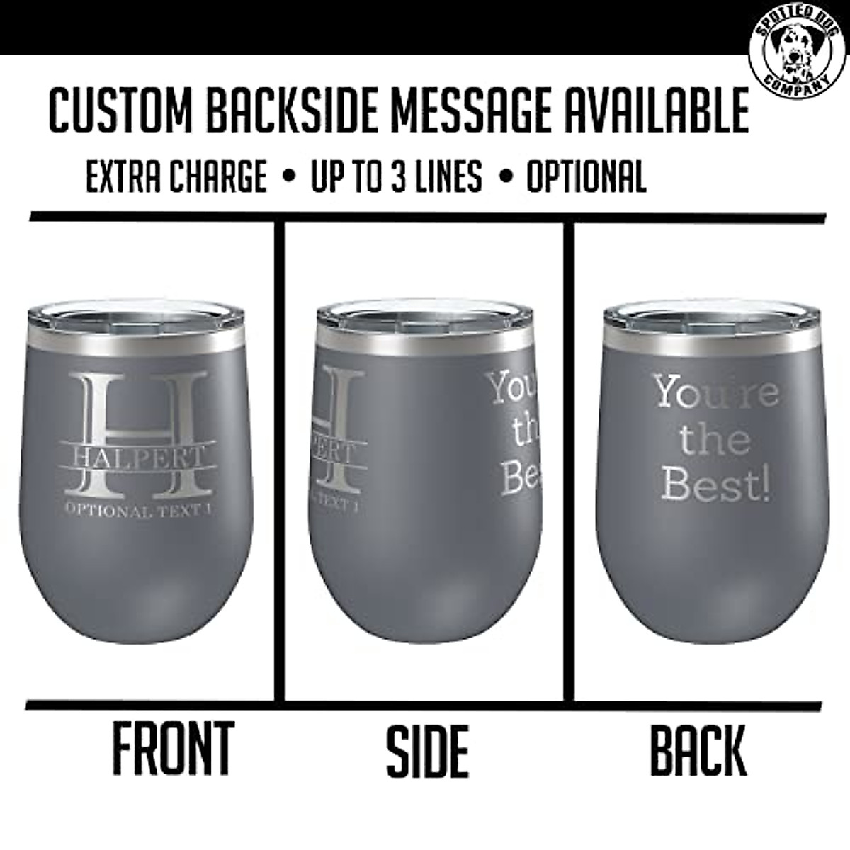 Personalized 12oz (17 Colors) Powder Coated Stainless Steel Stemless Wine Tumbler with Lid, Custom Etched, Customized Gift for Women Her, Wine Lover, Halpert Monogram Initial Name (Gray)