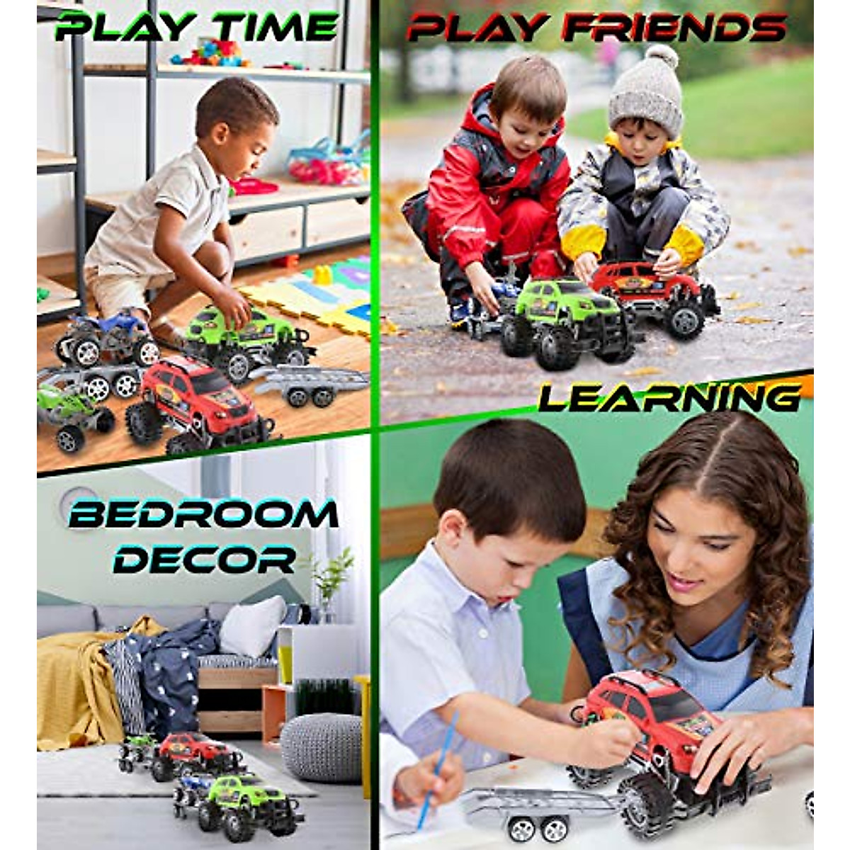 Mozlly Friction Powered Monster Trucks Car Toy SUV Towing ATV Toys Set of 2 - Monster Truck with Trailer ATV Toys for Fun Playtime Indoor or Outdoor - 2 Pack