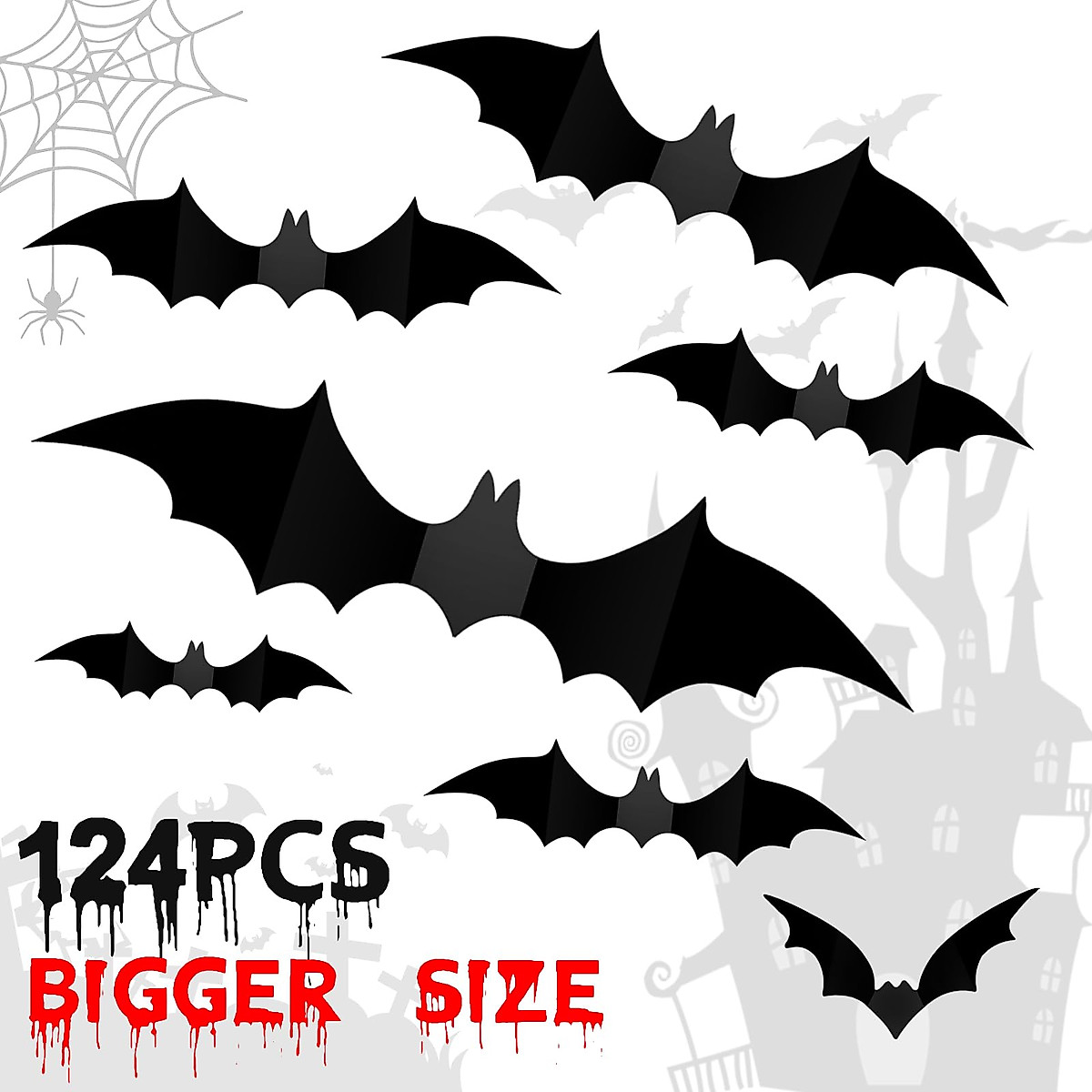 Big Size Bat Wall Decor Stickers, 124pcs Indoor Large Bats Halloween Decorations, DIY 3D Gothic Bats Decor, PVC Bat Stickers for Gothic House, Hunted Mansion, Ghost House, Goth Decor