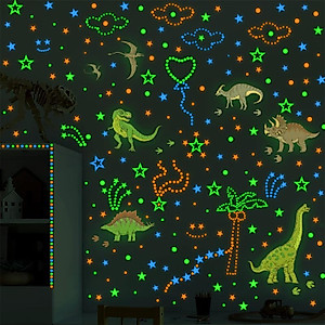 Buiory 925pcs Glow in the Dark Dinosaur Wall Decals Removable DIY Glowing Blue Green Yellow Stars and Dots Wall Stickers PVC Peel and Stick Fluorescent Luminous Wall Decor for Kids Bedroom Baby Boys