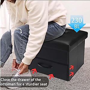 Bsketa Storage Ottoman with Drawers, Folding Foot Stool with Thicker Foam Padded Seat Small Leather Storage Ottoman Bench Foot Rest for Living Room Foldable Coffee Table 17x13x13in,Black