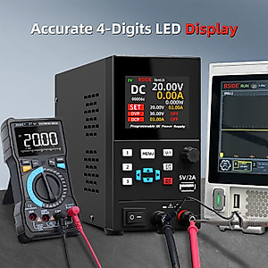 BSIDE 40V 20A DC Power Supply Variable, Programmable with Encoder Knob, Adjustable Switching Regulated Bench Power Supply, 4-Digits LED Display with Memory Storage, 5V/2A USB Ports and Output Button