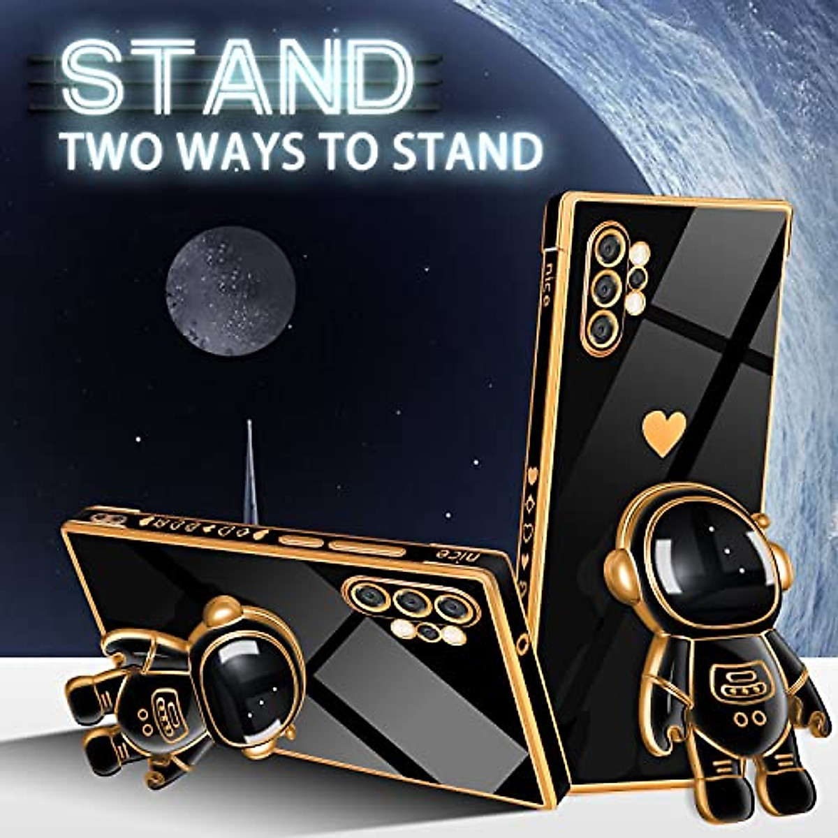 Buleens for Samsung Galaxy Note 10 Plus Case with Astronaut Stand, Girls Women Galaxy Note 10 Plus Phone Cases, Girly Cute 6D Spaceman Heart Pattern Cover for Note 10 Plus 6.8 Inch Black