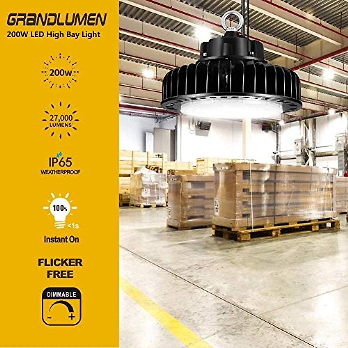 GRANDLUMEN 200W LED High Bay Light, ETL Certified LED Warehouse Lighting, 120-277V, IP65, Dimmable, 4 FT Cable, 5000K Daylight White