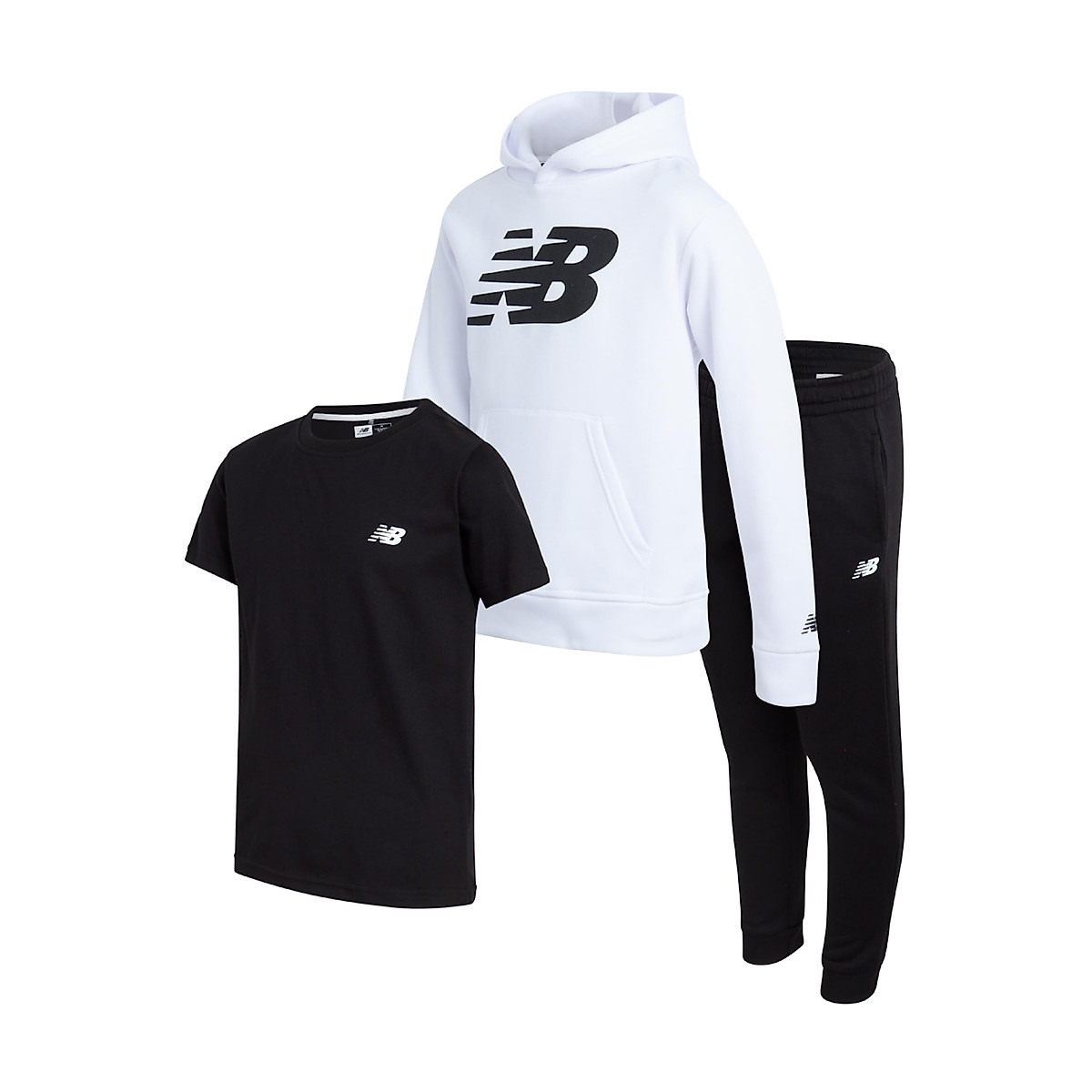 New Balance Boys' Sweatsuit Set - 3 Piece Short Sleeve T-Shirt, Fleece Hoodie Sweatshirt, and Sweatpants (8-12), Size 8, White Black