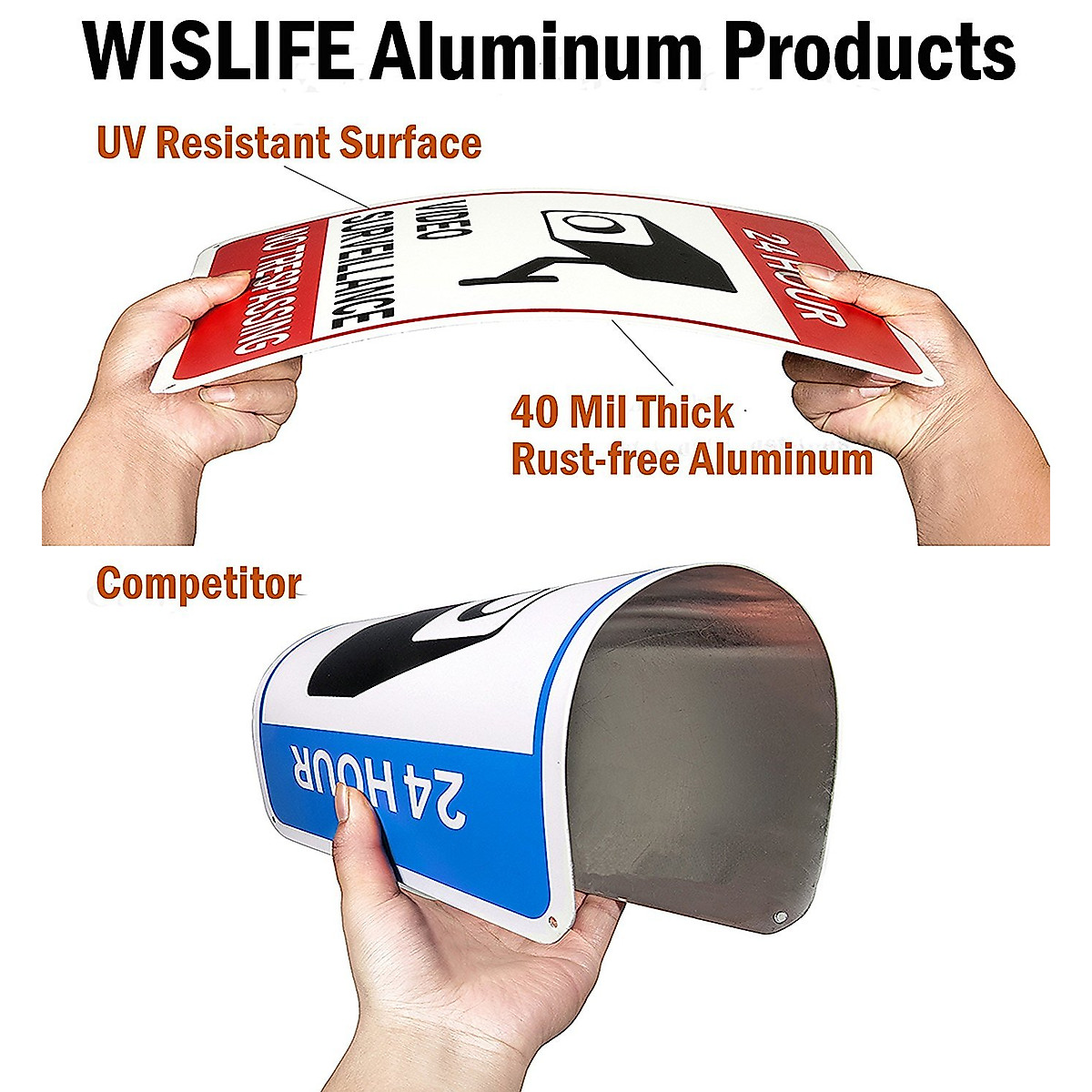 WISLIFE Video Surveillance Sign Set, 2 (10" X 7") Aluminum Warning Signs & 6 (6"X6") Window Stickers, Video Security Signs