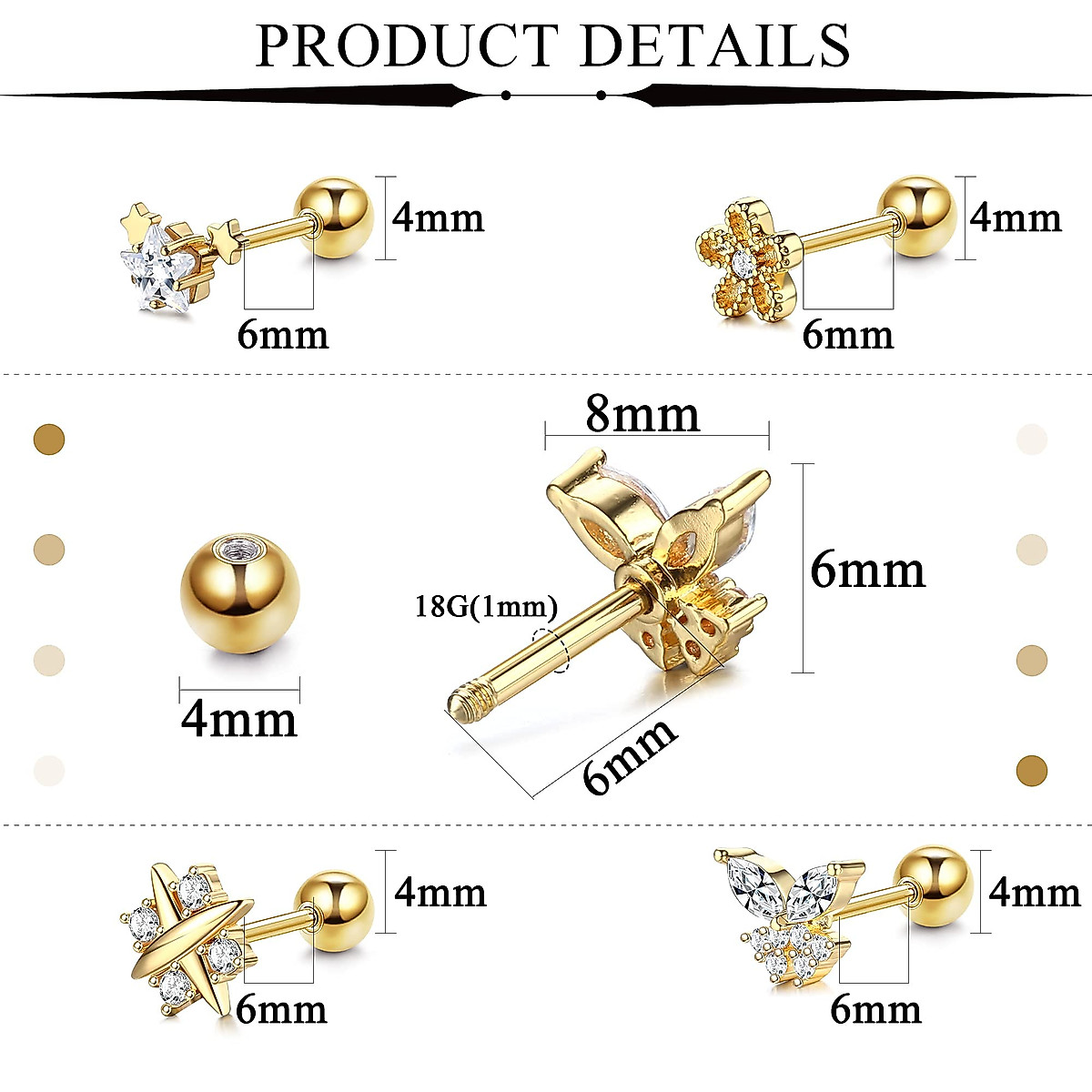 JOERICA 10Pcs Cartilage Earrings for Women 18G CZ Helix Tragus Piercing Jewelry 316L Stainless Steel Cute Butterfly Cartilage Stud Earrings Set