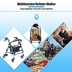Rollator Walker with Seat - Folding Rolling Walking Aid with 6-inch Wheels - 8-Level Height Adjustable, Load-Bearing 220 Lbs Rolling Walkers/Blue/Shopping Box
