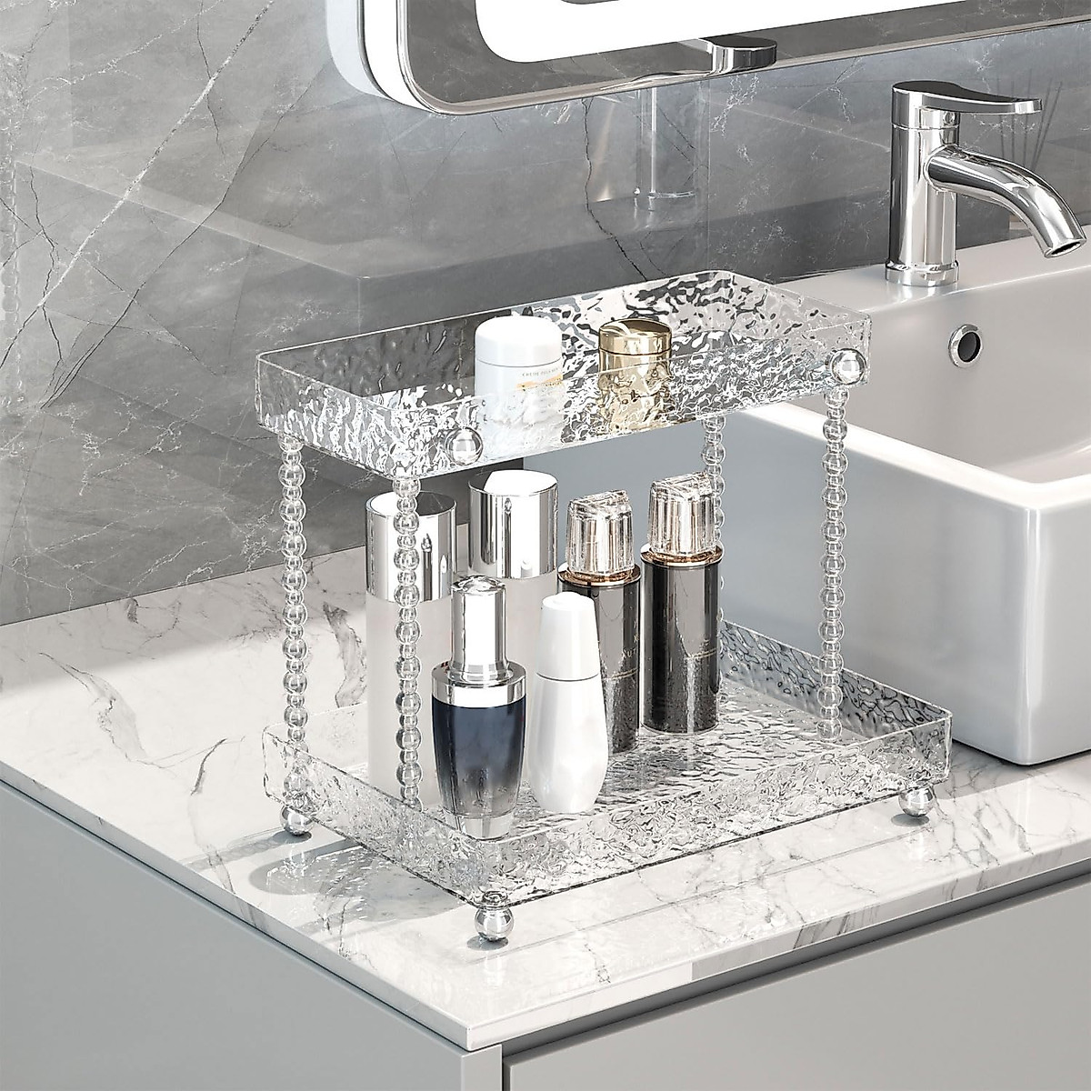 Bathroom Sink Organizer, 2 Tier Makeup Organiser, Vanity Organiser, Cosmetics Organiser Shelf, Vanity Trays for Bathroom Organizers and Storage for Cosmetics, Toiletries, Lotions, Perfumes, Clear