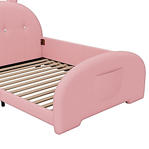 Cute Twin Size Upholstered Princess Bed,Platform Bed with Rabbit-Shape Headboard and Footboard,for Kids Toddlers Boys Girls Bedroom Use (Pink@Rabbit, Twin)