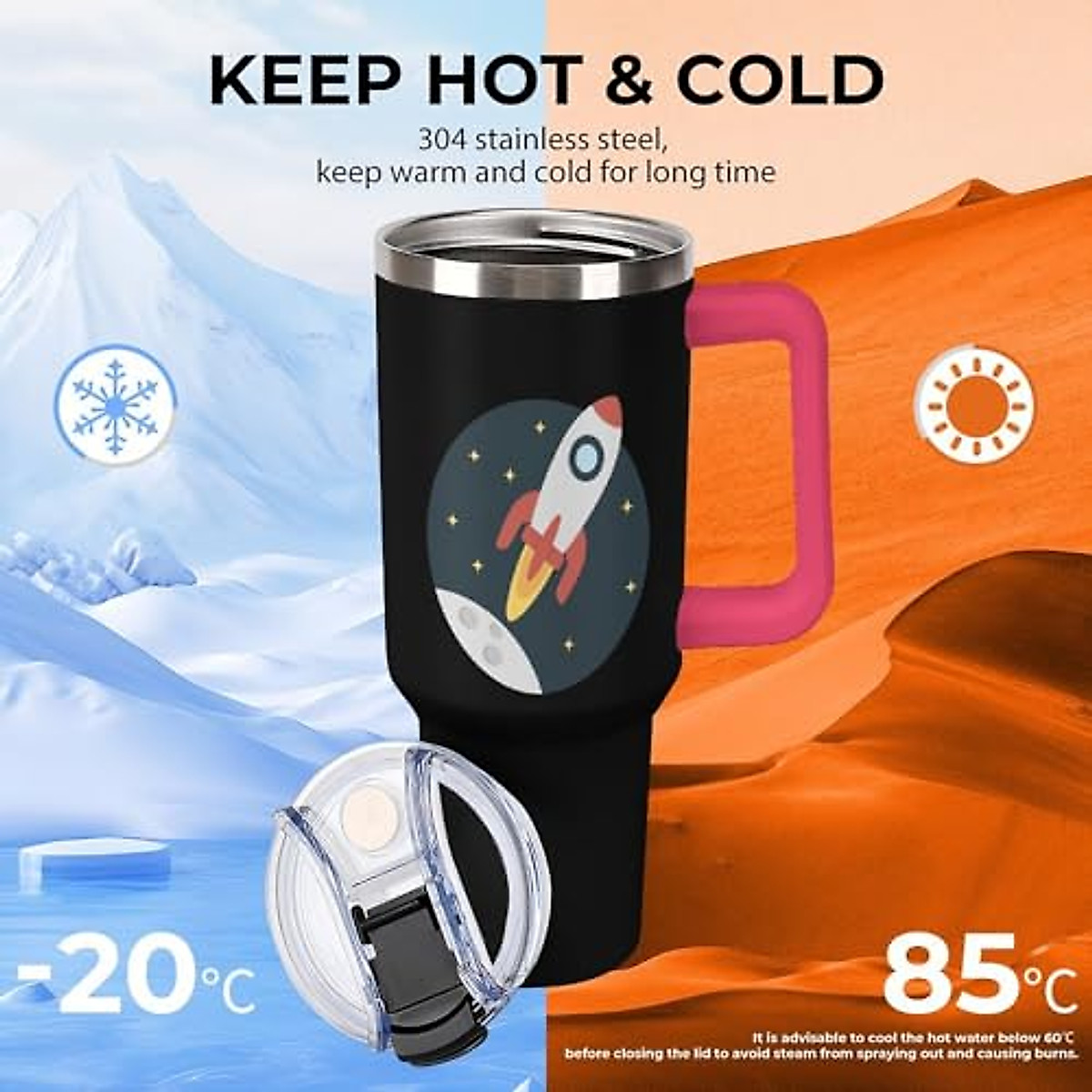 Sapce Rocket 40oz Water Bottle Double Wall Insulated Tumbler with Handle Leakproof Travel Mug Light Rose Red-style