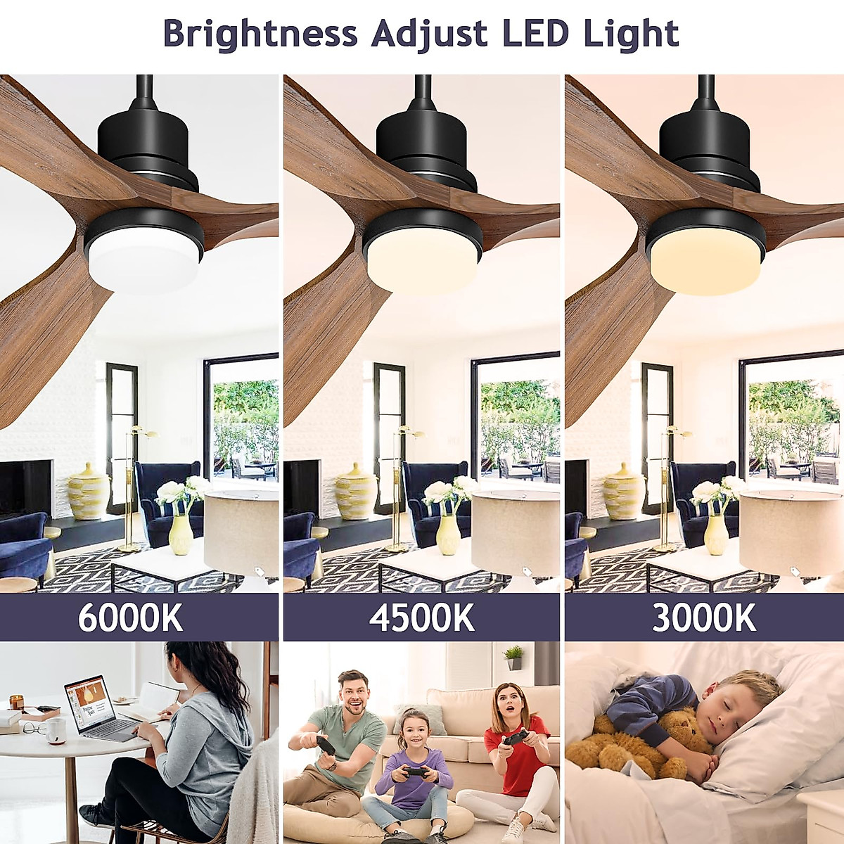 Obabala Ceiling Fans with Lights and Remote Indoor/Outdoor Ceiling Fan with 3 Walnut Wood Blades,42-inch,Matte Black