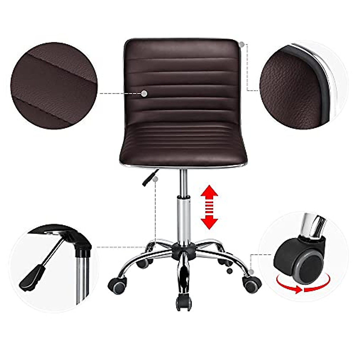 Topeakmart Armless Office Chair Task Chair Leather Ribbered Modern Desk Chair Adjustable Low-Back Swivel Chair w/Rolling Wheels Accent Comfy Working Chair Makeup Chair, Brown