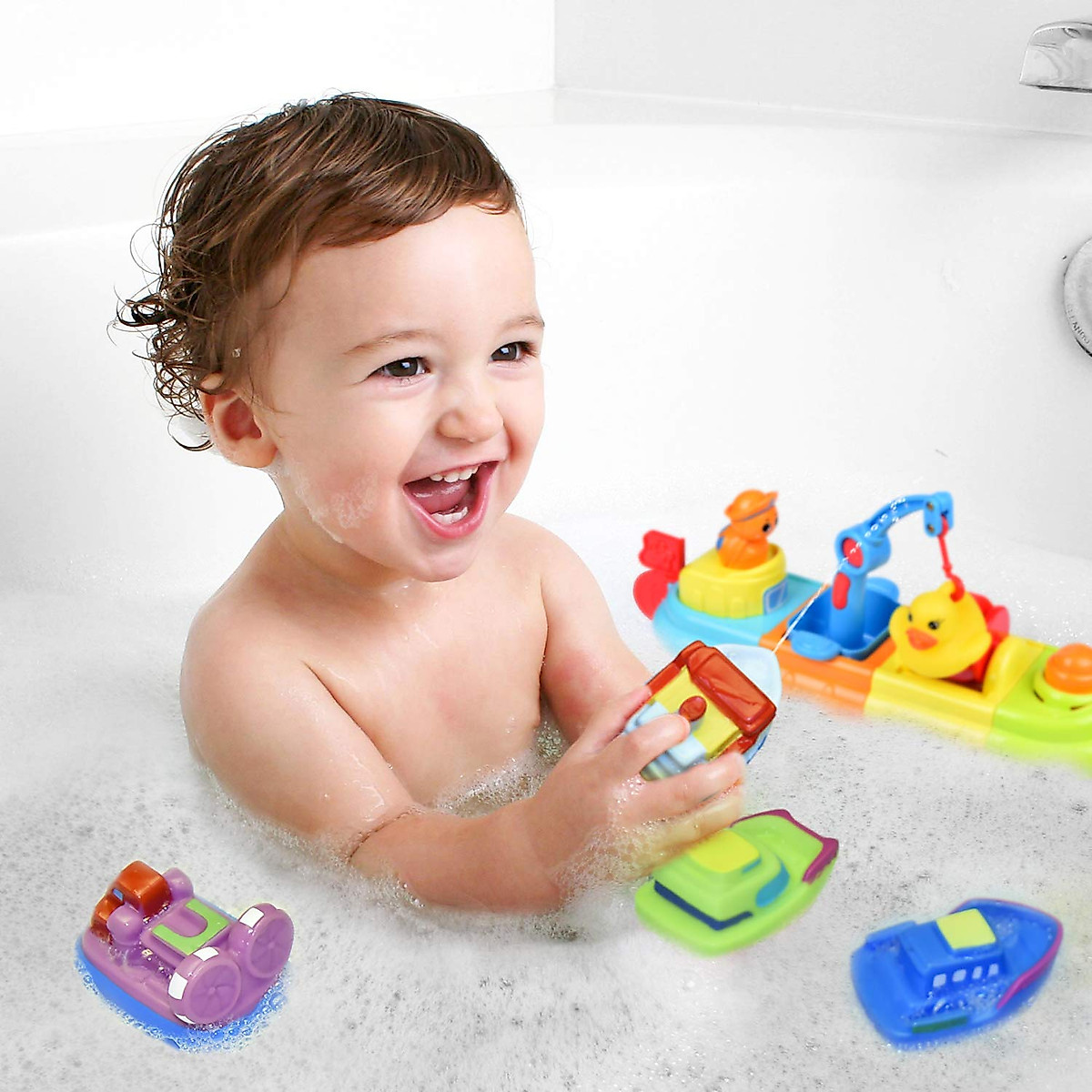 FUN LITTLE TOYS Baby Bath Toys, 7 PCs Toy Boats Include One Big Wind Up Bath Boat and 6 Bath Squirters Toy Boats, Birthday Gifts for Boys & Girls
